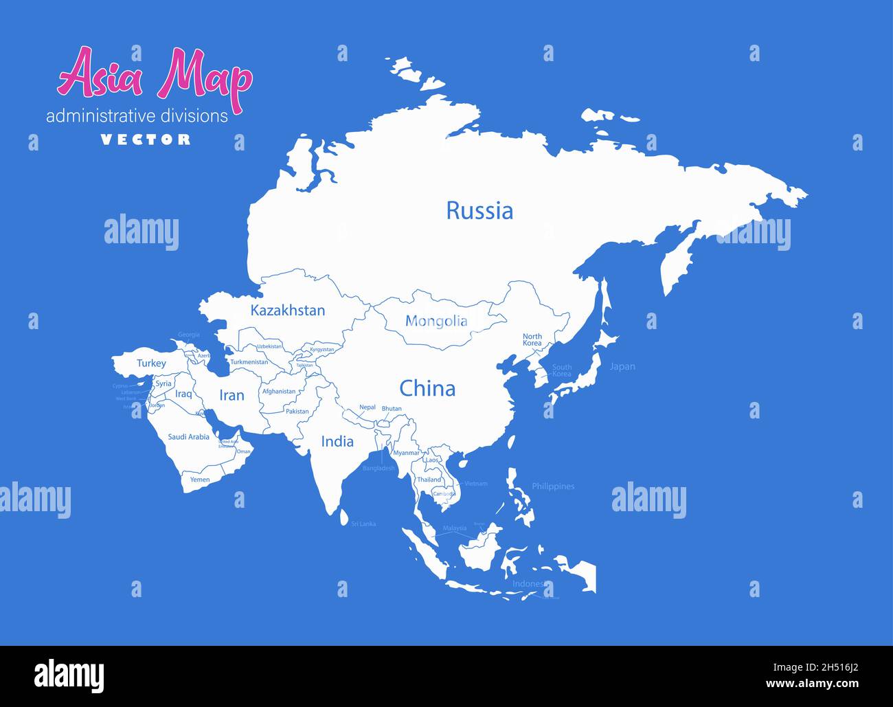 Asia map, separate states whit names, blue background vector Stock ...