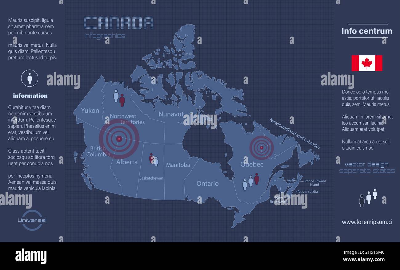 Canada map, separate regions with names, infographics blue flat design ...