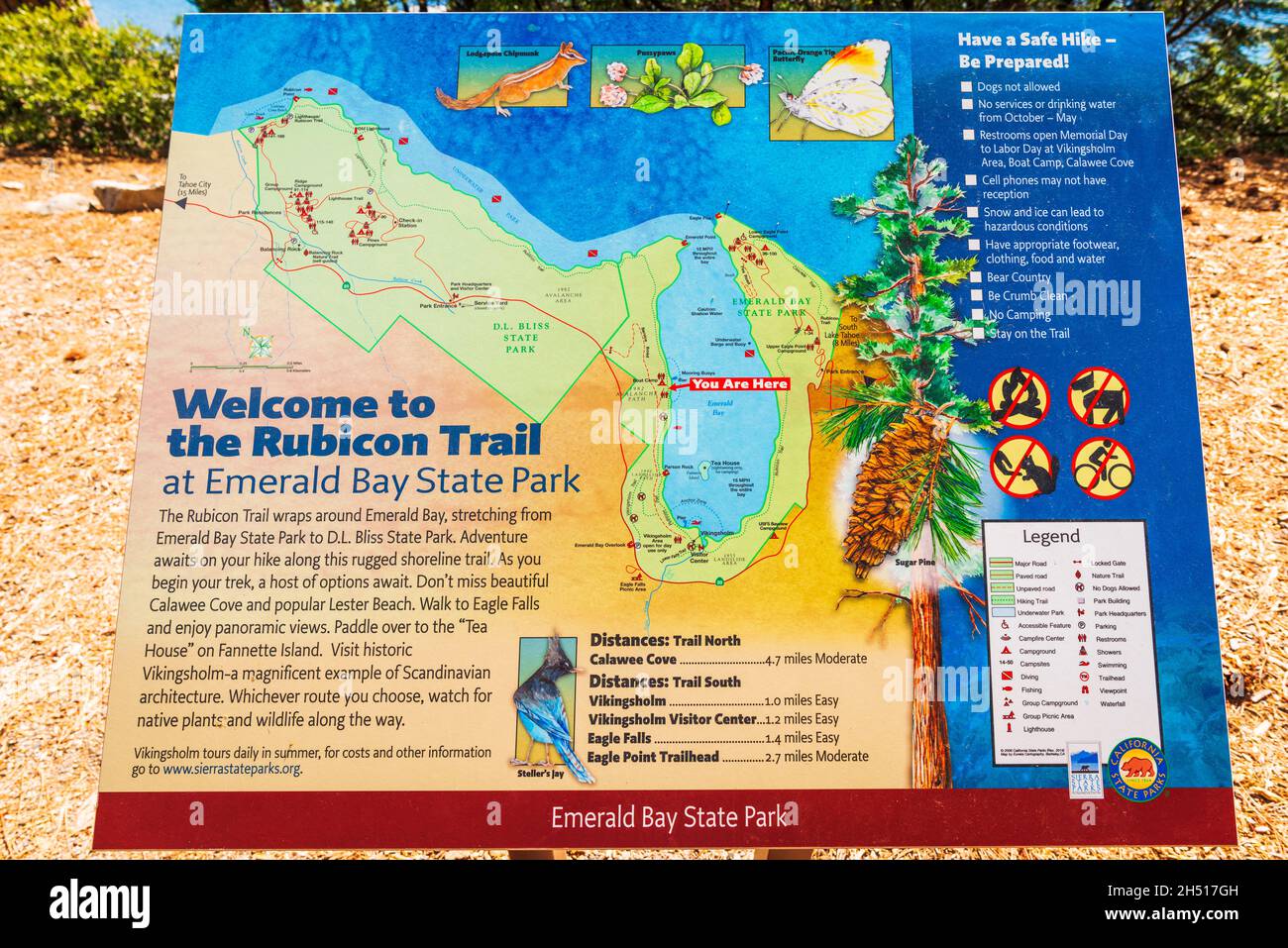 Rubicon Trail sign, Emerald Bay State Park, Lake Tahoe, California USA ...