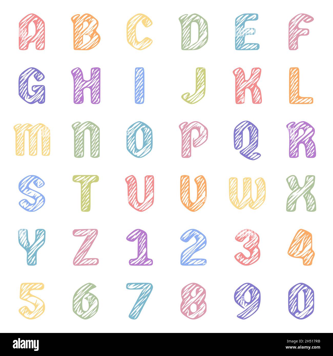 A set of colorful letters and numbers in doodle style. Scribble ...