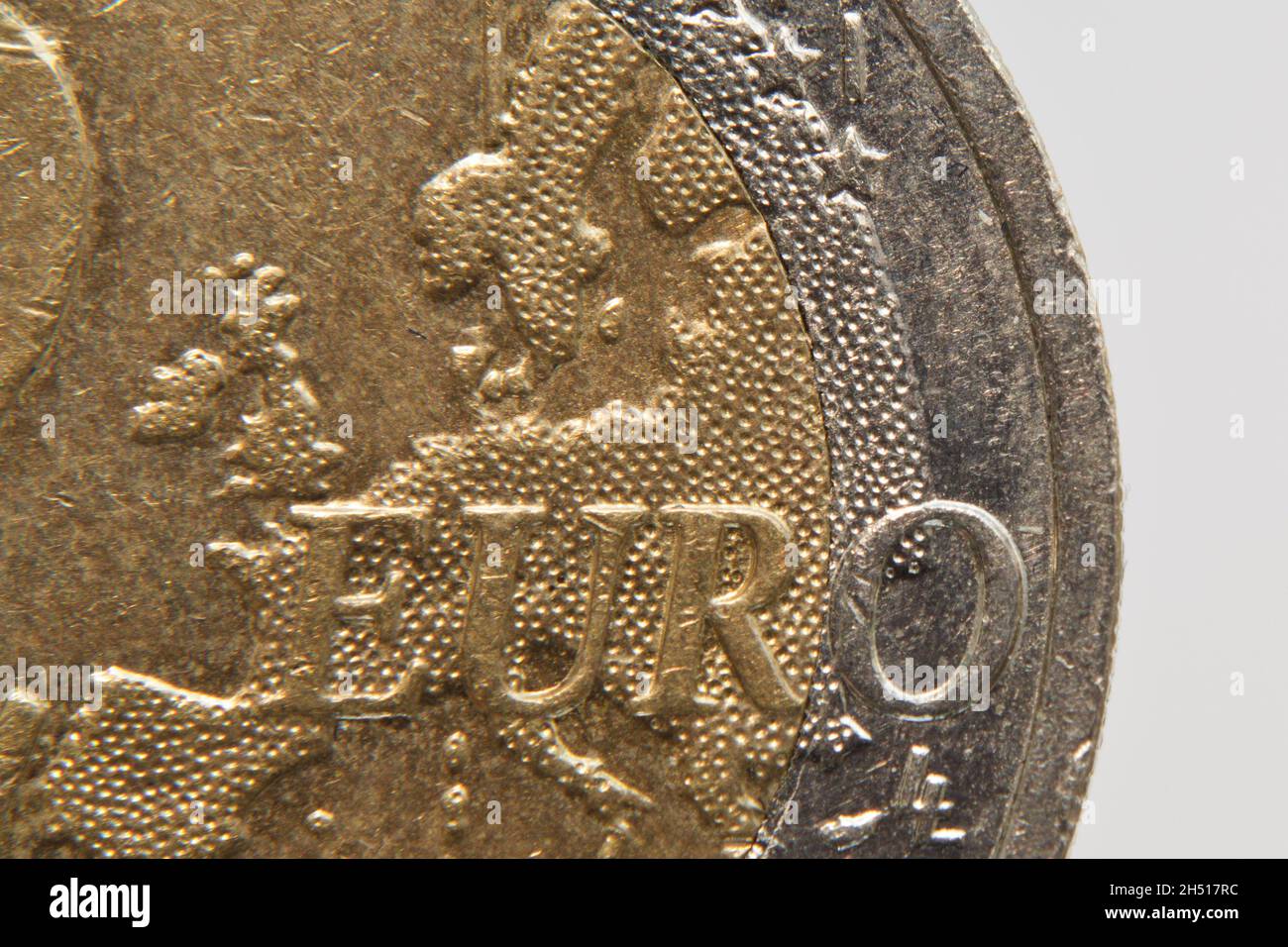 Detail of the map of Europe on a Euro coin (macro) with the word Euro ...