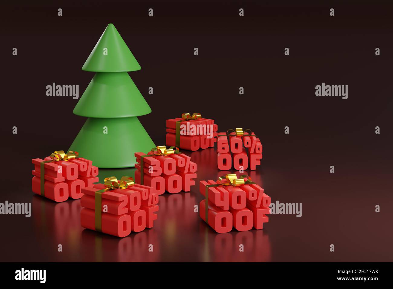 Christmas tree and discount percentages like gift boxes on dark ...