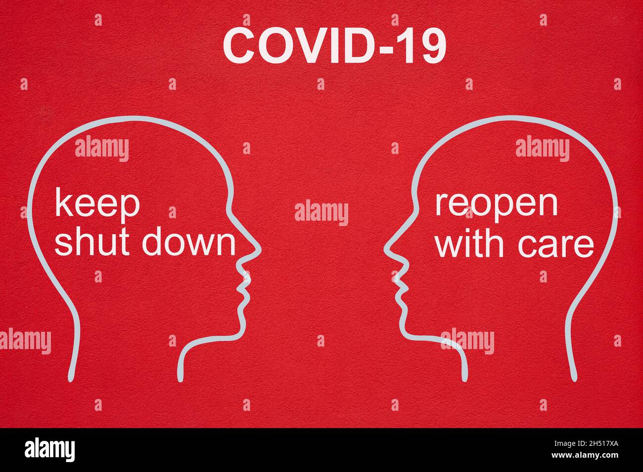 Two head outlines in white face each other. The text COVID-19 is ...