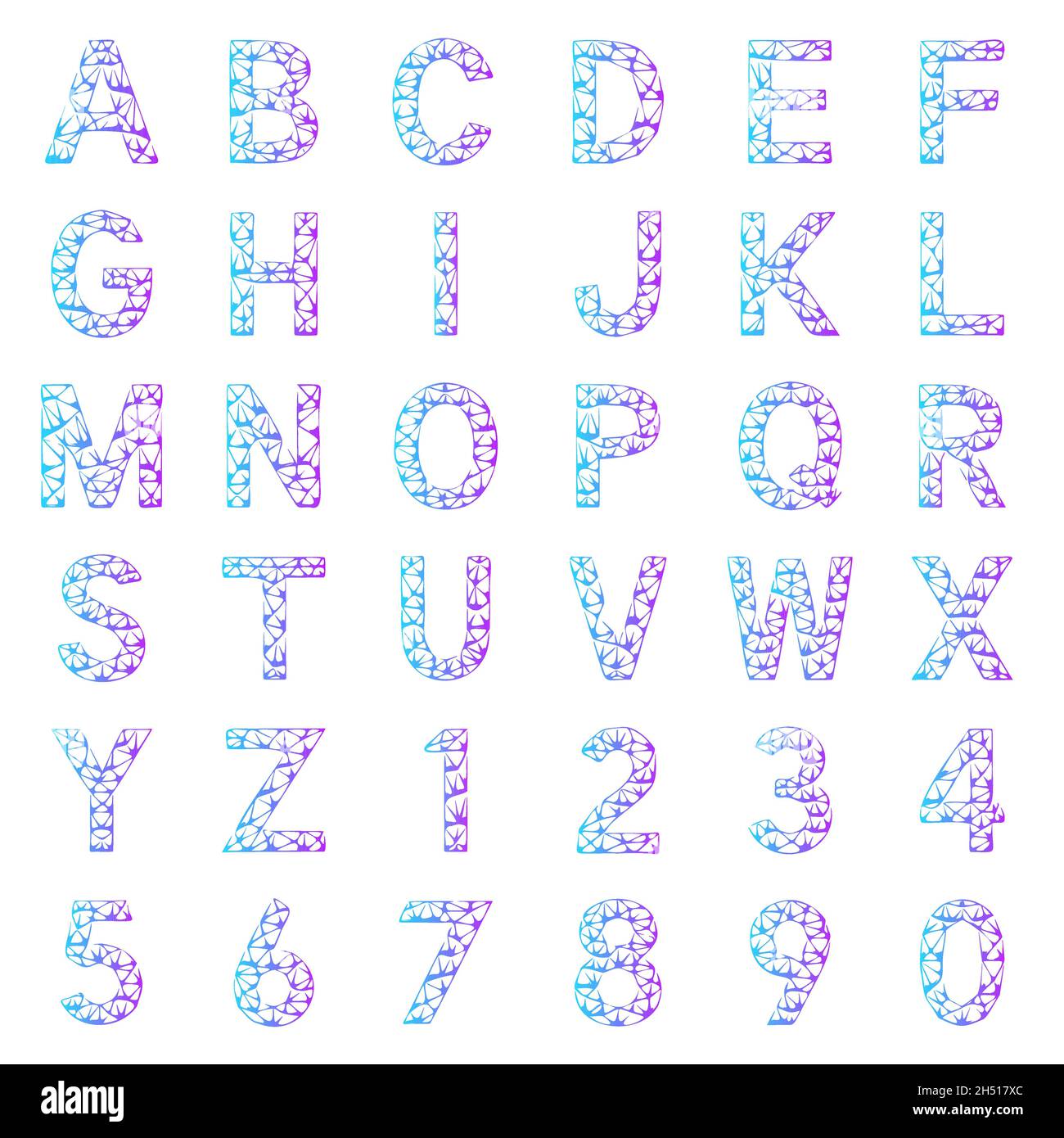 Set of letters and numbers in blue purple gradient. Decorative alphabet ...