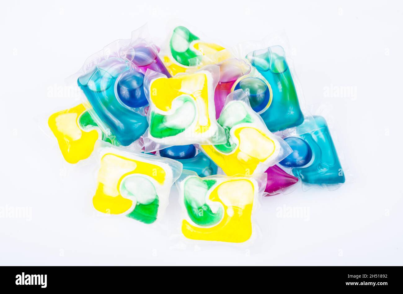 Multicolored capsules with gel for washing clothes and dishes. Studio ...