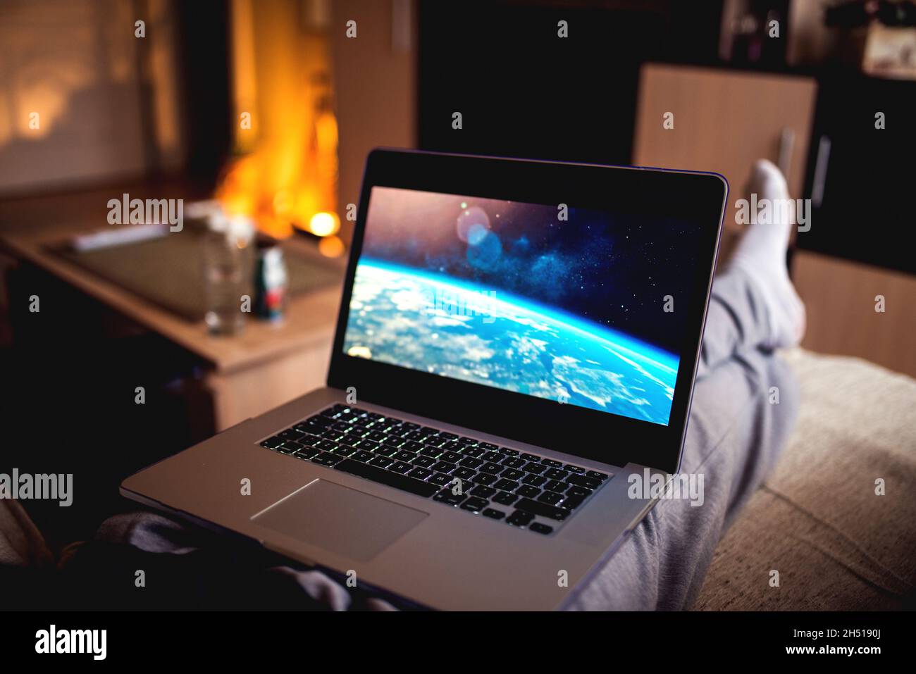 First person point of view home watching movie alone Stock Photo - Alamy