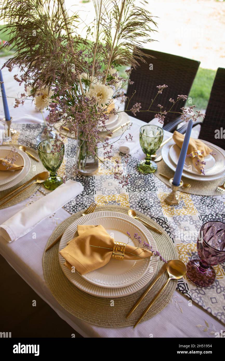 Beautiful decorative festive table setting. top view Stock Photo - Alamy