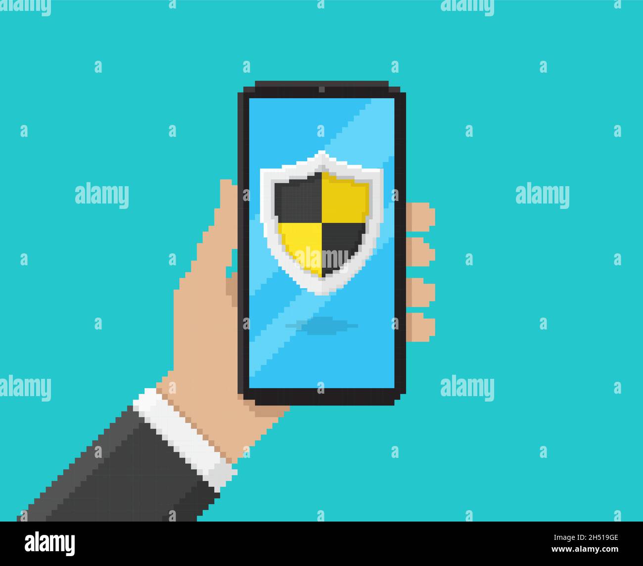 Pixel art vector illustration of hand holding mobile with antivirus ...