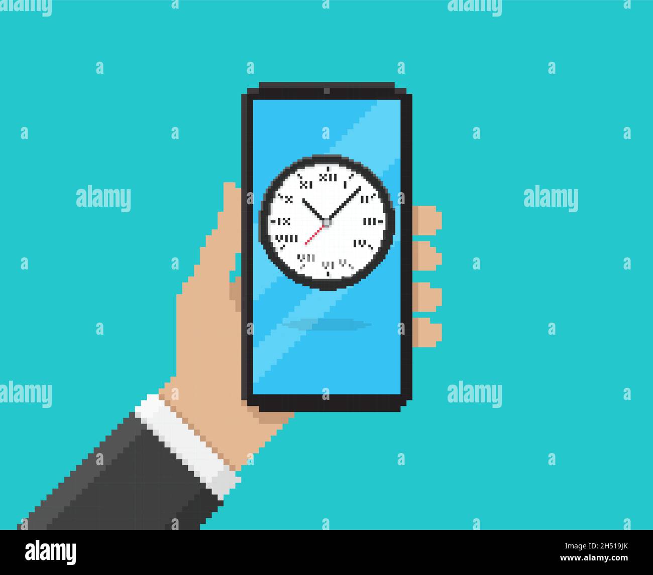Pixel art vector illustration of hand holding mobile with digital clock ...