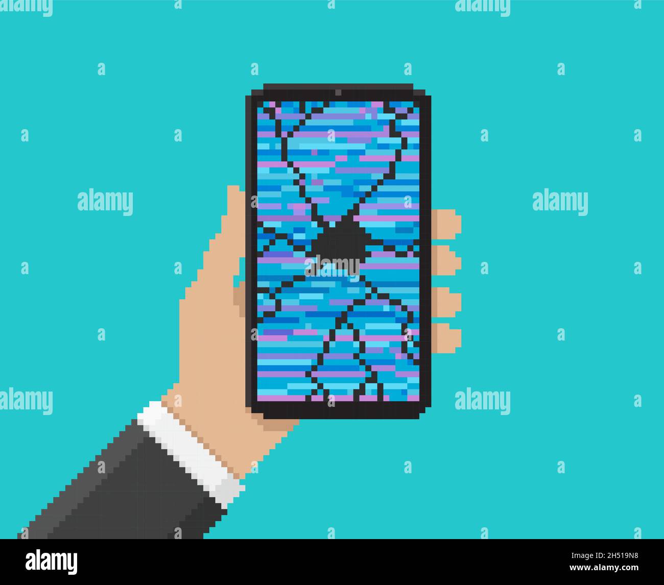 Pixel art, vector illustration of hand holding damage smartphone with ...
