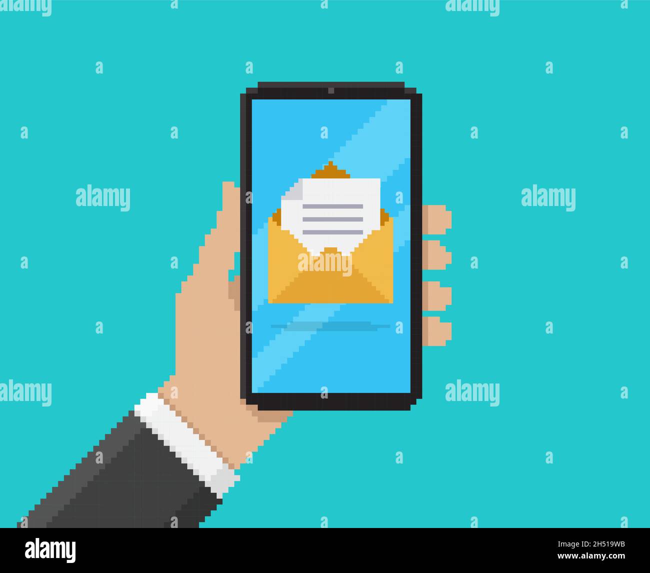 Pixel art vector illustration of hand holding mobile with message ...