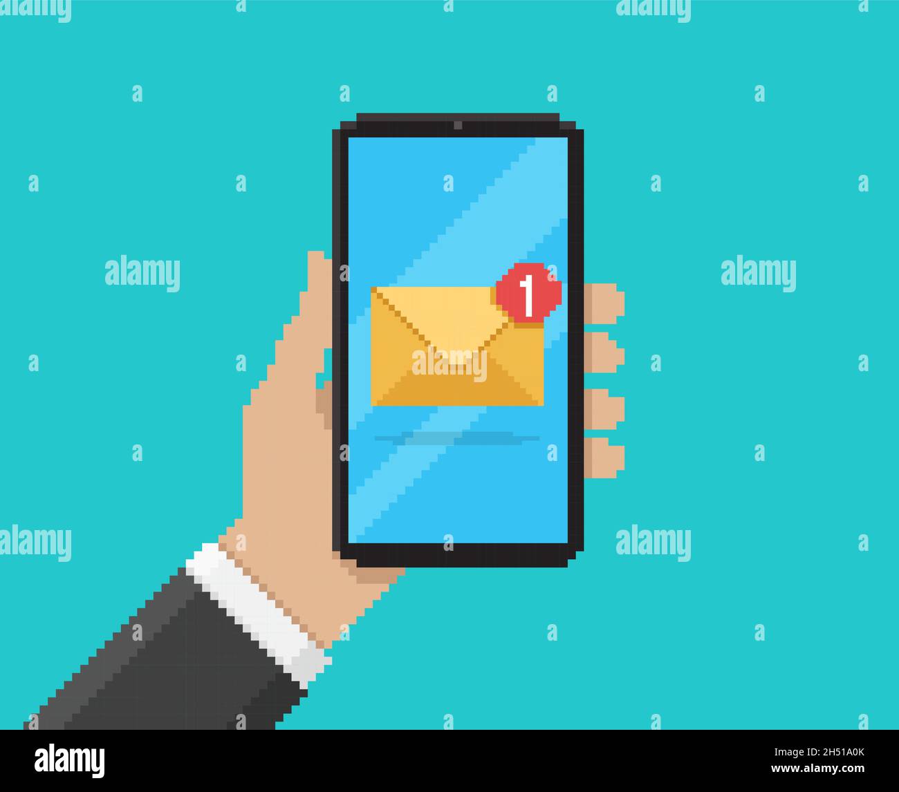 Pixel art vector illustration of hand holding mobile with message ...