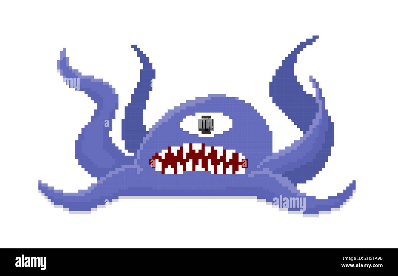 pixel art of purple monster with tentacles. Vector flat design ...