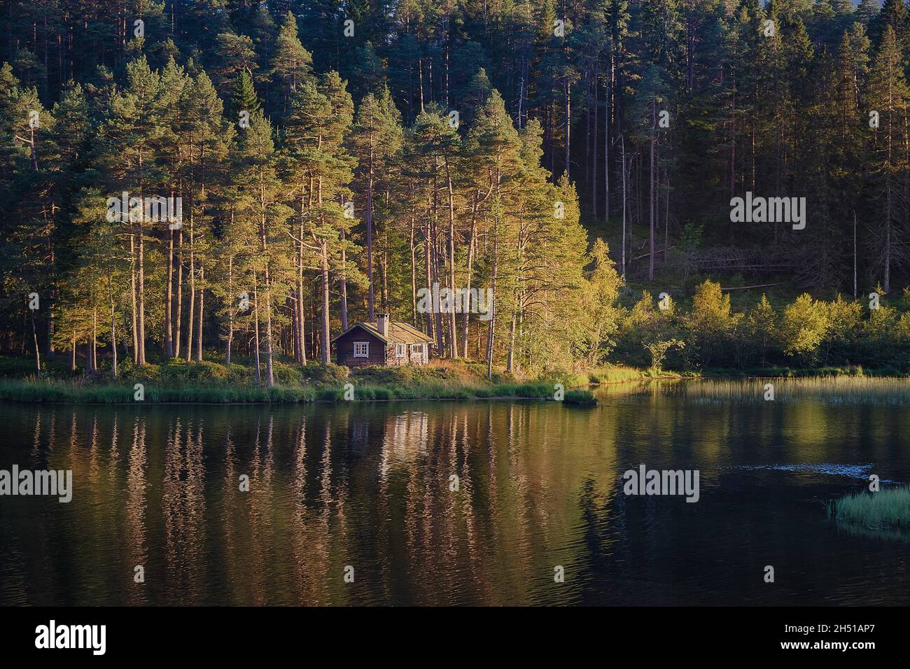 Lone cabin on a lake, Norway Stock Photo - Alamy