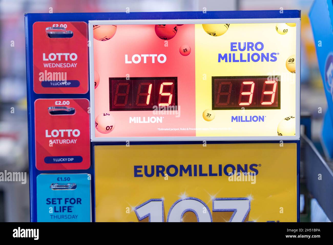 LOTTO and EUOR MILLIONS prize money LED counter at ALDI London England ...