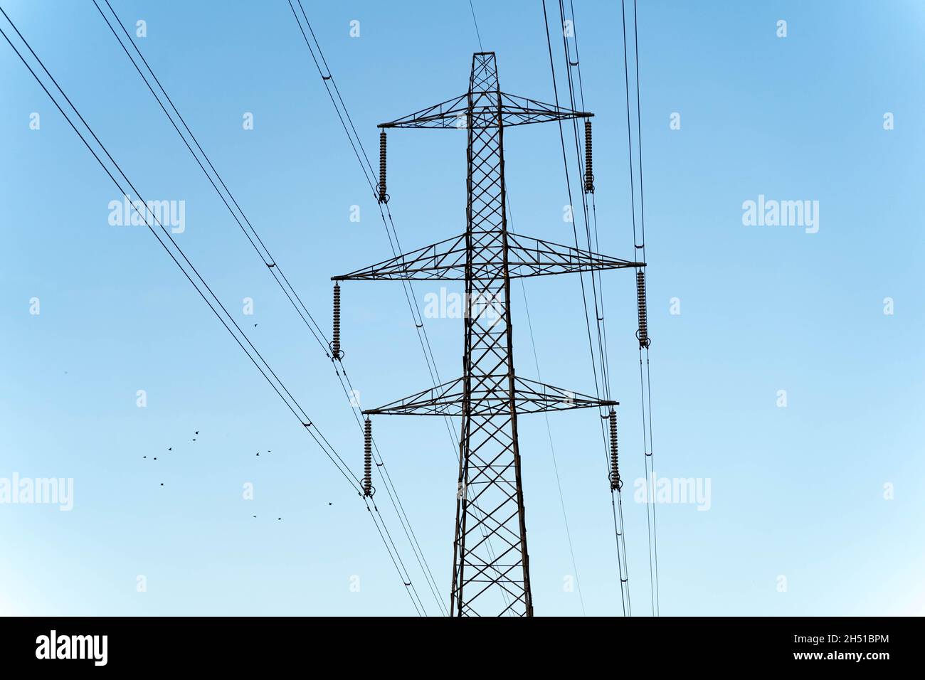 powerlines with blue sky England UK Stock Photo - Alamy