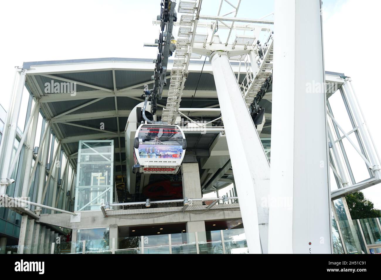 An Emirates cable car at the boarding point at the Greenwich Peninsula ...