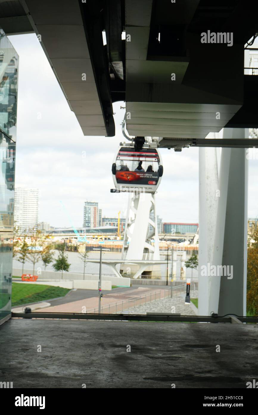 An Emirates cable car leaving the boarding point at the Greenwich ...