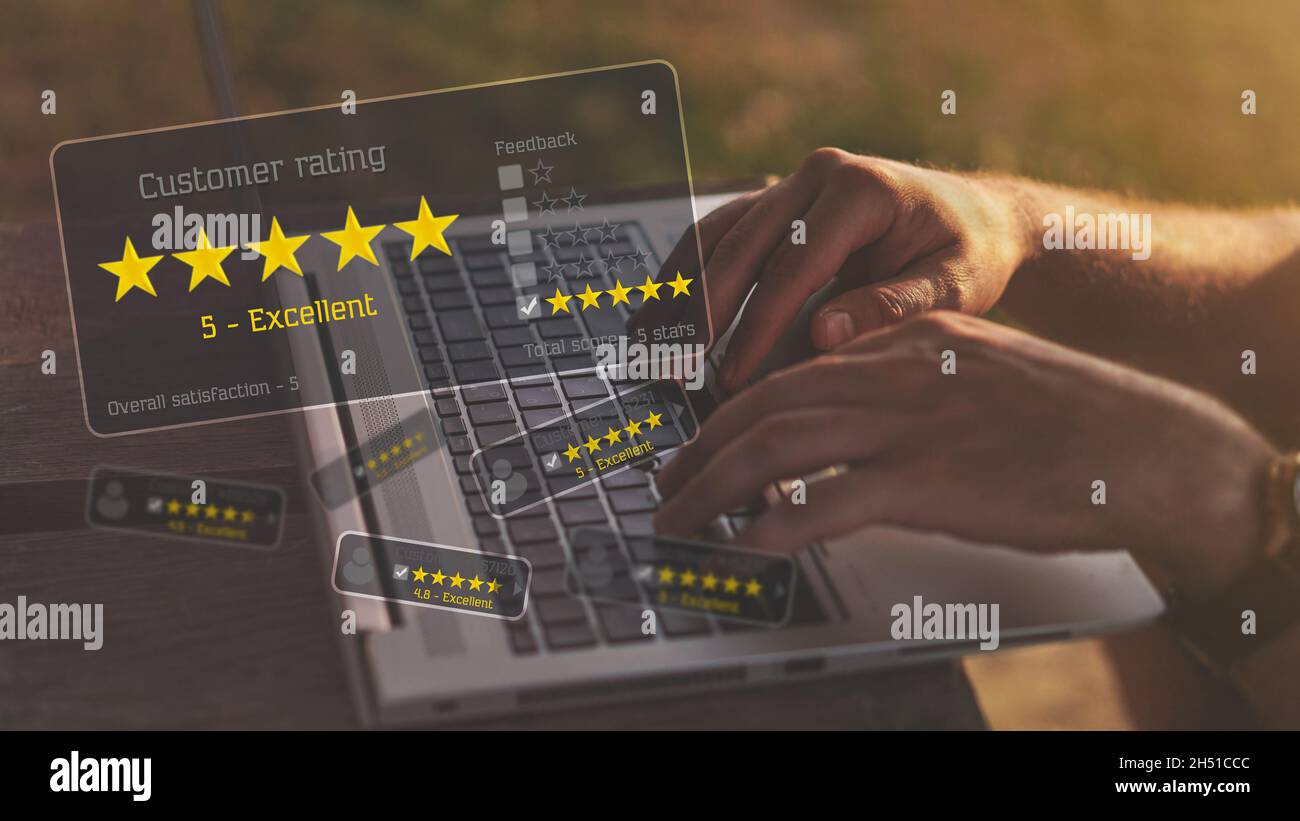 Businessman leaving feedback with his laptop with a virtual screen ...