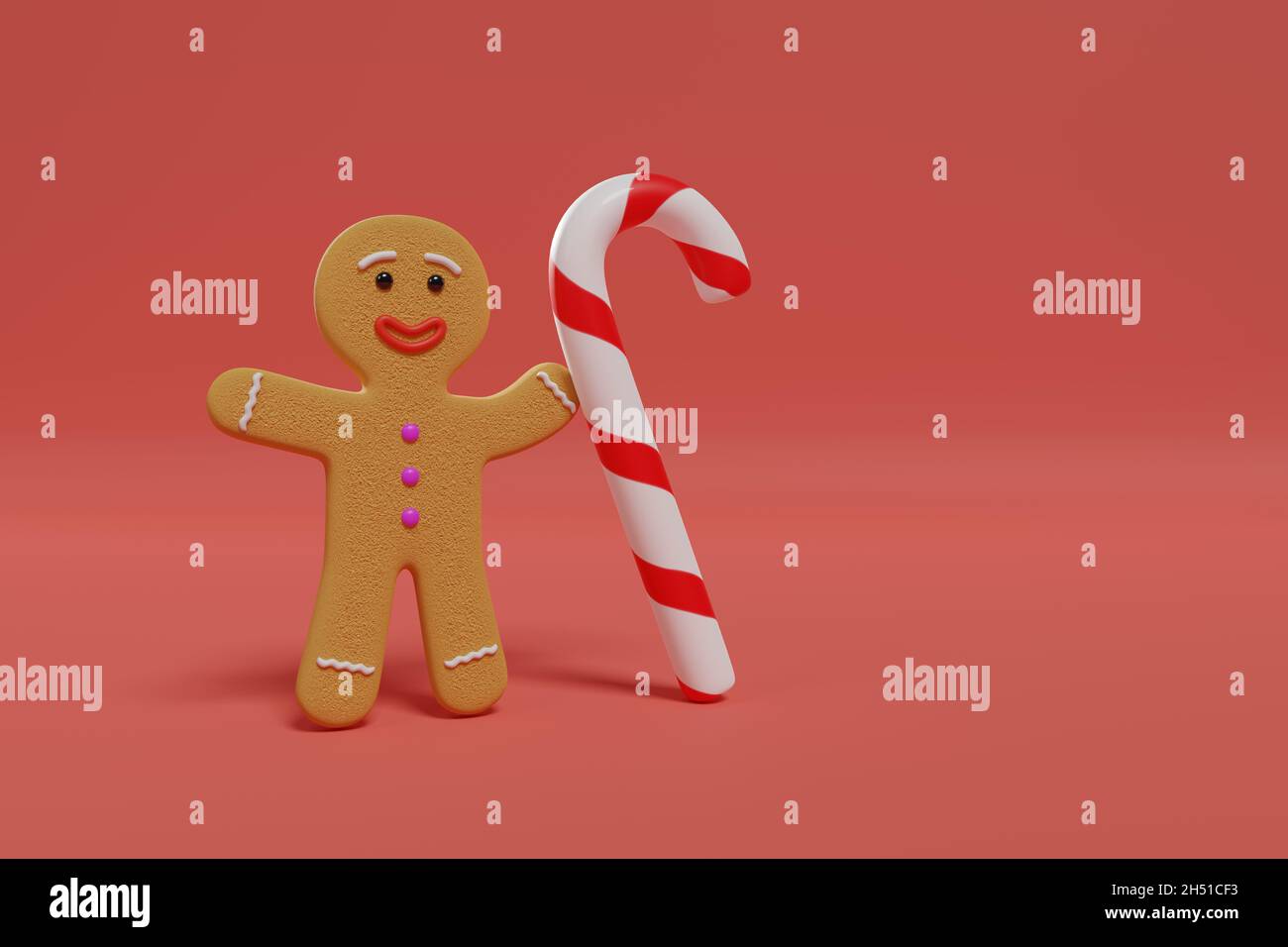 gingerbread man and candy cane on red background. Christmas concept. 3d ...
