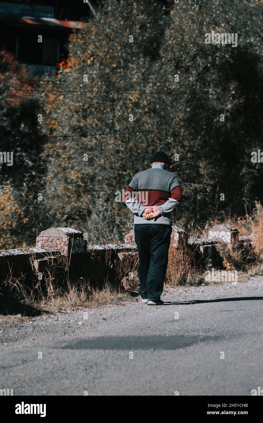 Vertical shot from the back of an old man walking alone in the park ...