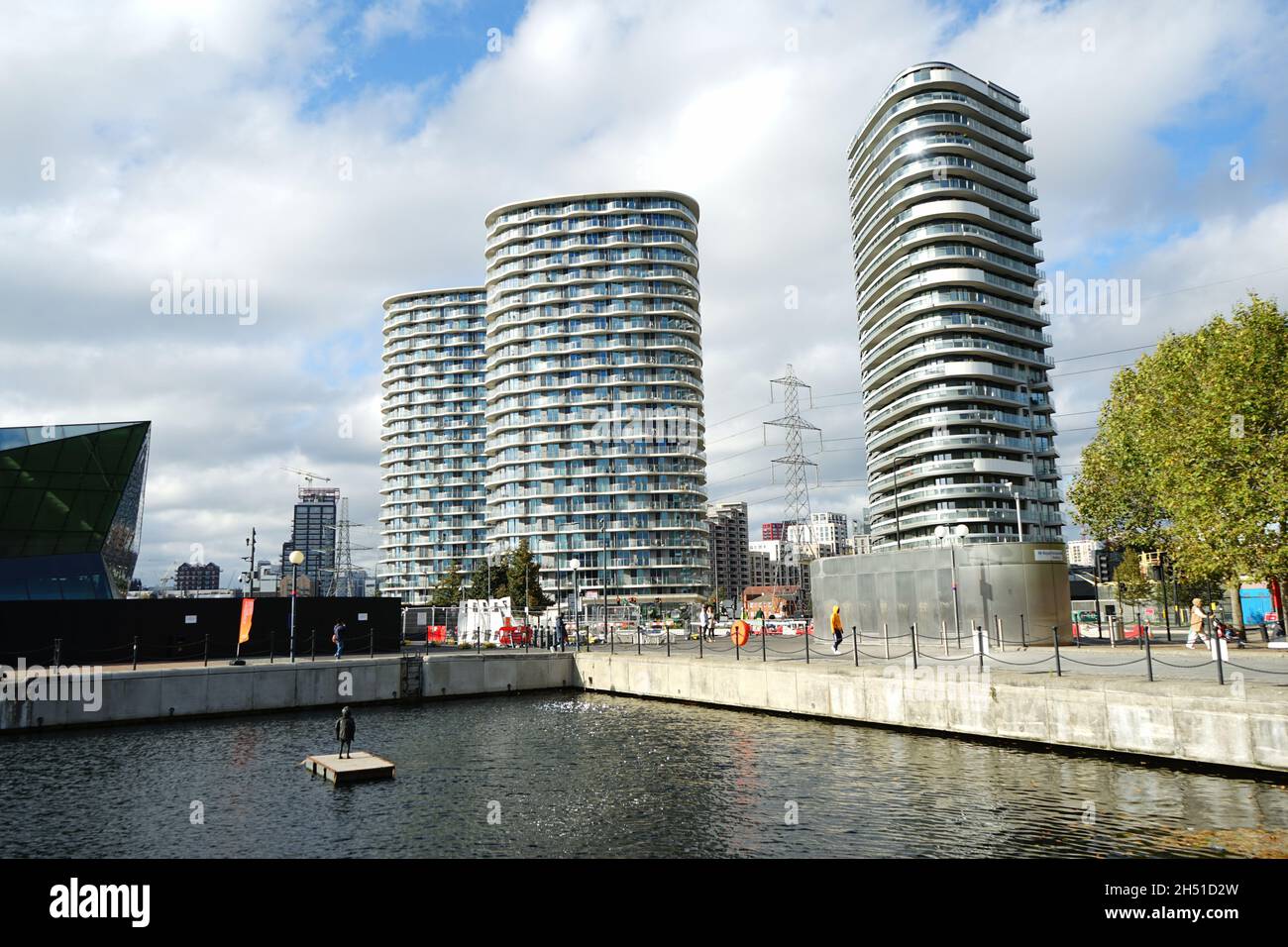 A view of buildings and a ponds at the Excel Centre at the Royal Docks ...