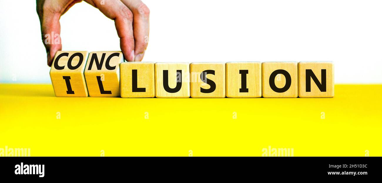 Conclusion or illusion symbol. Businessman turns wooden cubes and ...