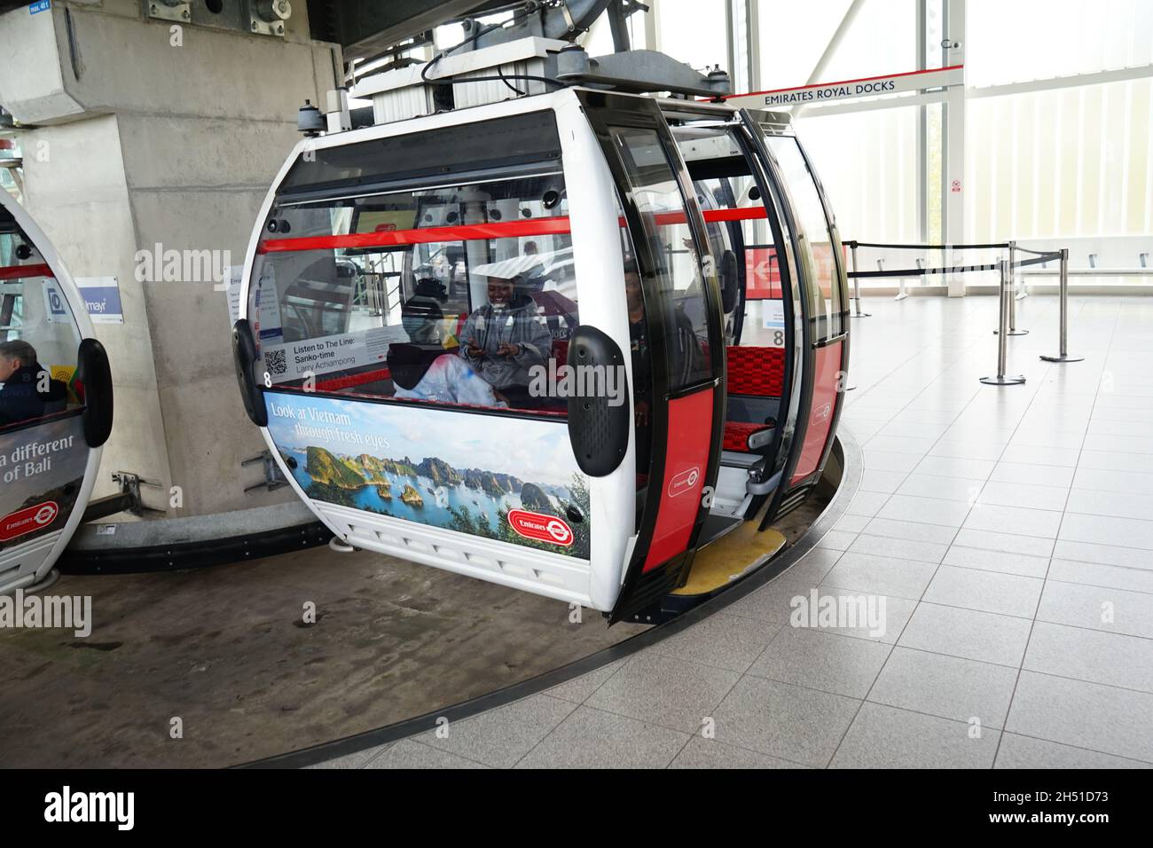 An Emirates cable car boarding point at the Greenwich Peninsula near ...