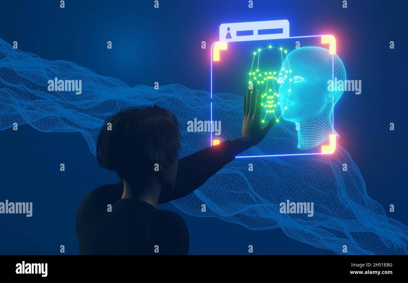 Face recognition concept - woman holds out her hand to mask with key ...