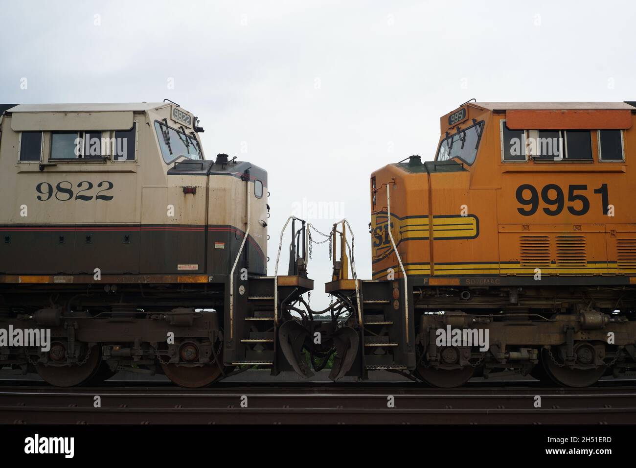 KANSAS CITY, UNITED STATES - Jun 23, 2015: Two locomotive train engines ...