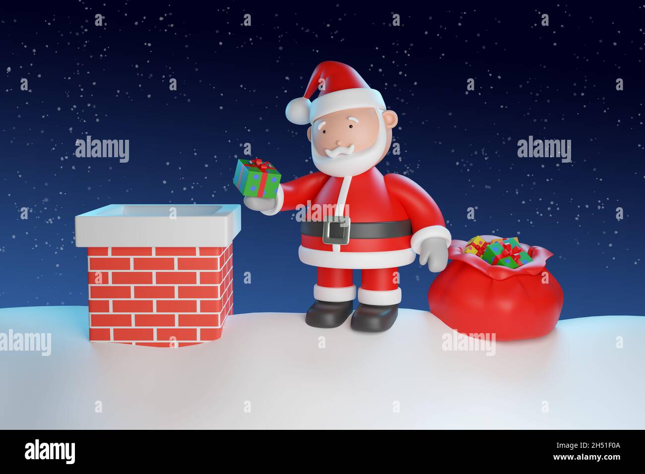 Cartoon Santa Claus with bag of gifts on a snowy roof. Christmas ...