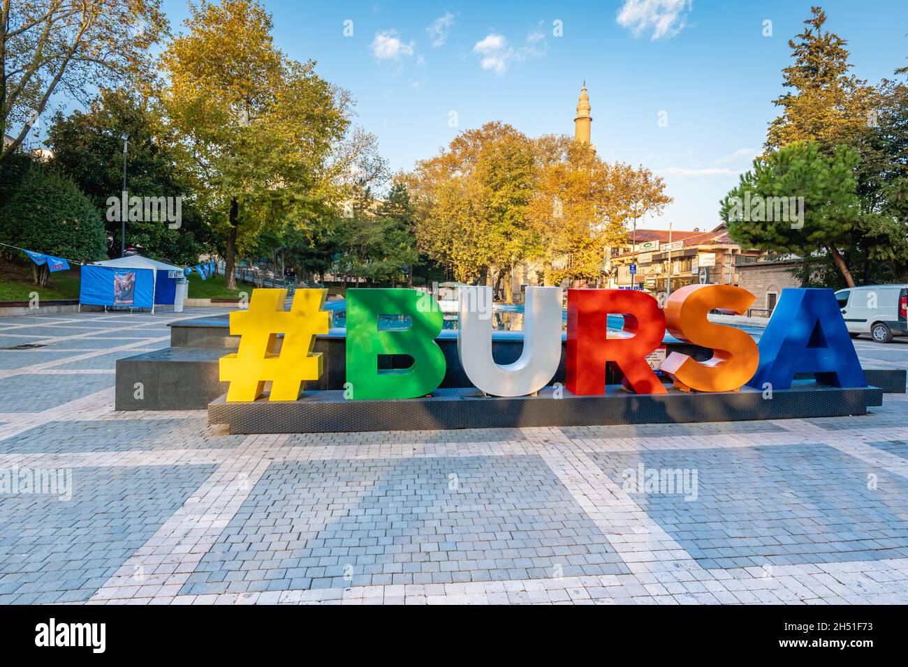 Bursa, Turkey - November 2021: Bursa city center with the monument at ...