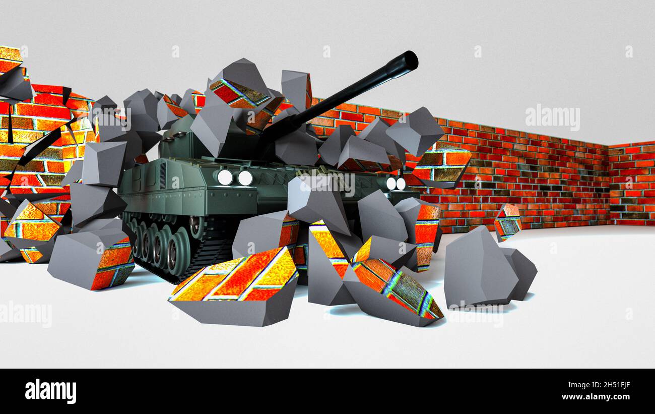a tank breaks through walls(3d rendering Stock Photo - Alamy
