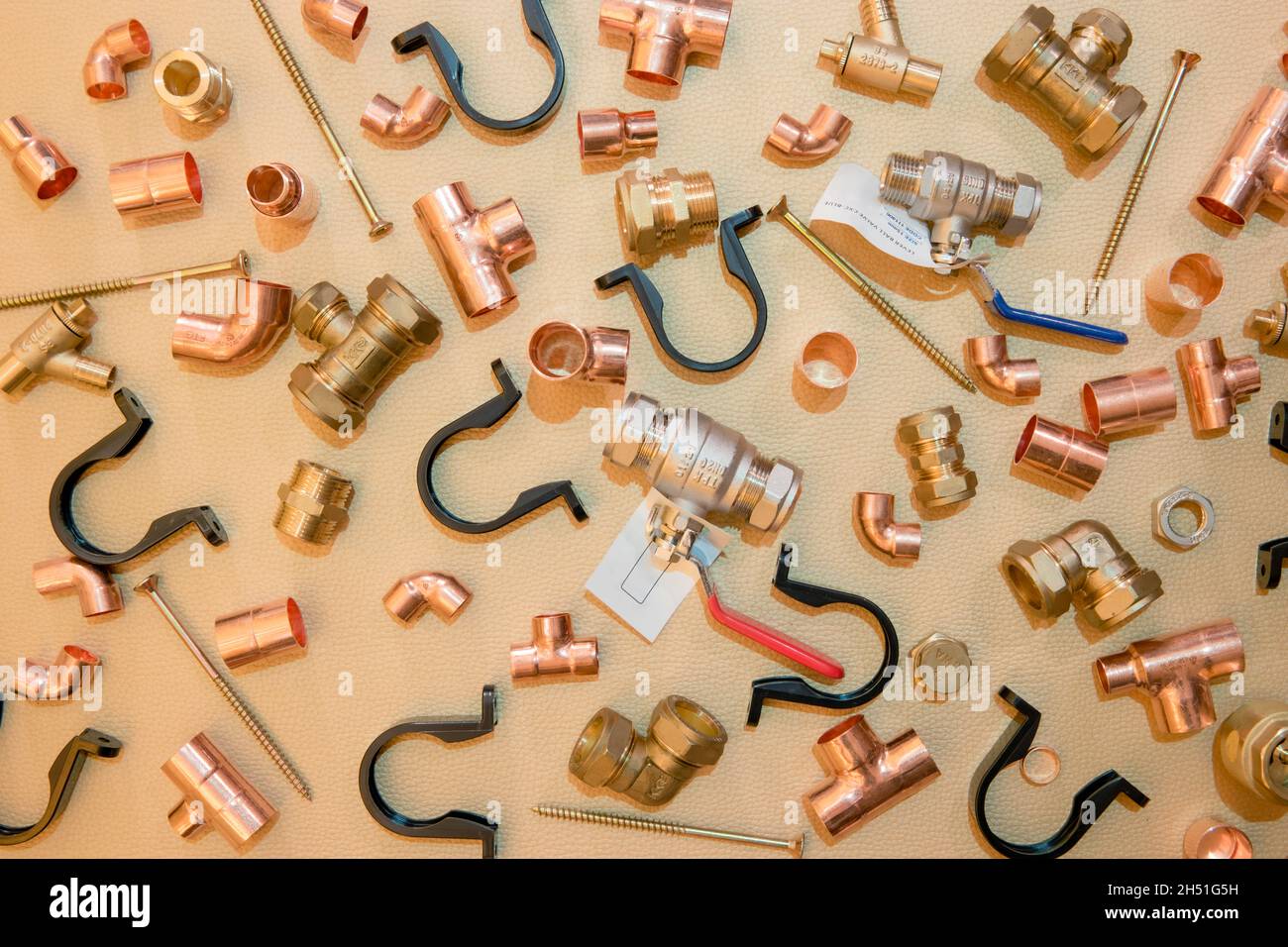 Range of plumbing supplies and components including pipes, valves, taps ...