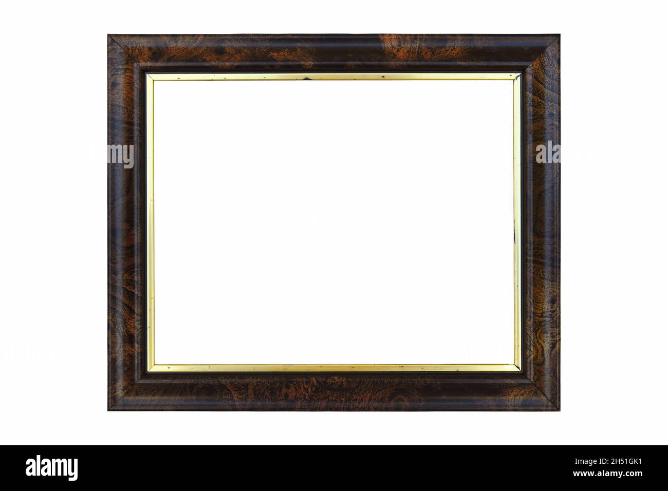 Rectangular empty wooden and gold gilded frame isolated on white ...
