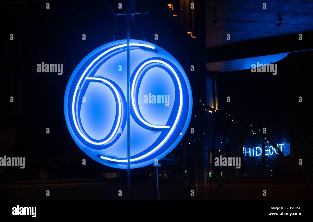 Neon number sign in the window of the 69 restaurant and bar. in ...