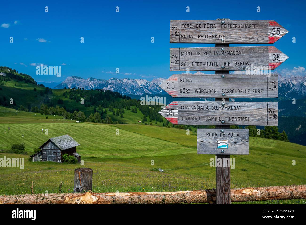 Signs indicating the round tour of Peitlerkofel in the Dolomites, Val ...