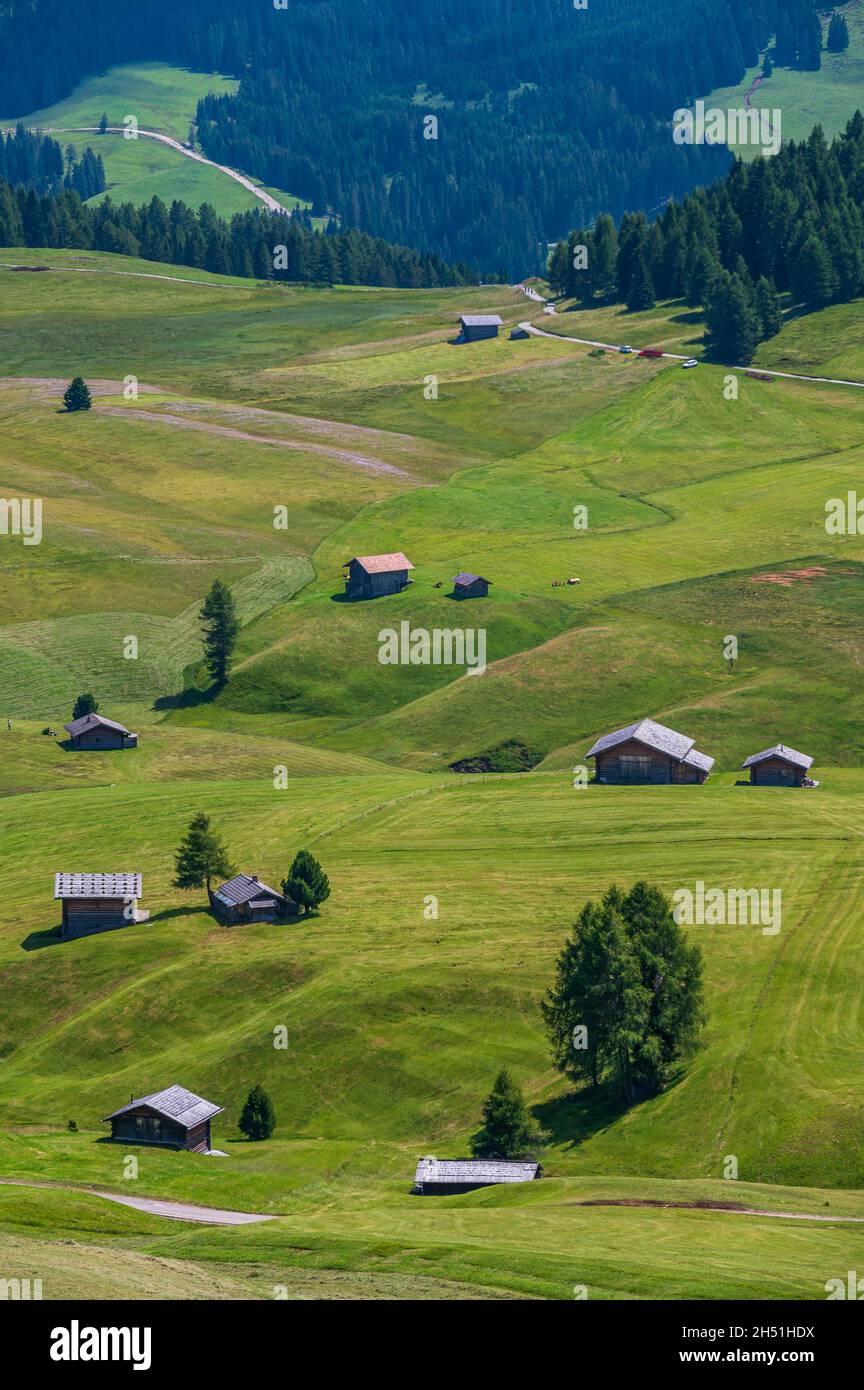 Panoramic view of Seiser Alm with meadows and mountain hut during the ...
