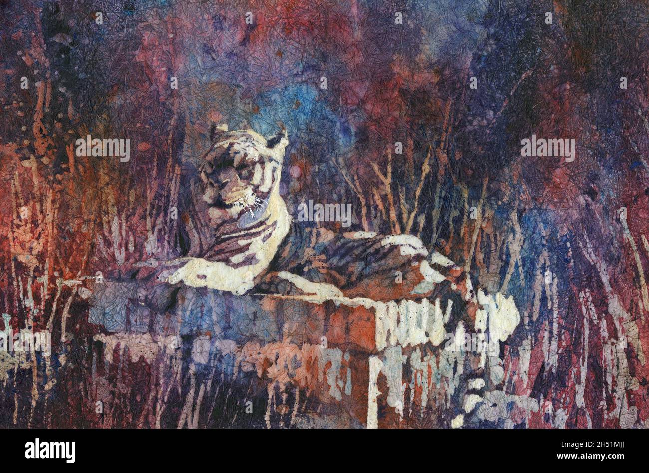 Tiger lying on bench at rescue center. Watercolor batik of tiger ...