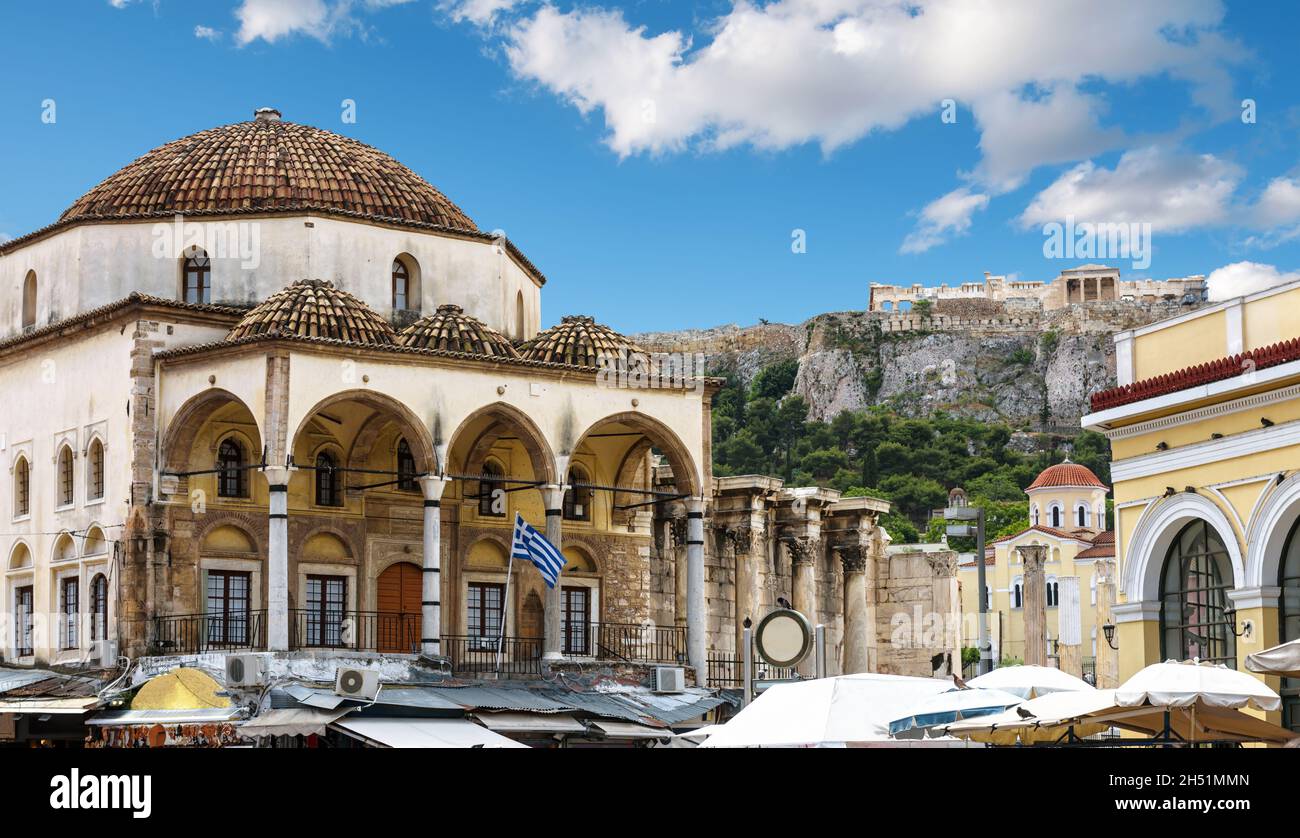 Monastiraki square with old mosque and view of Acropolis, Athens ...