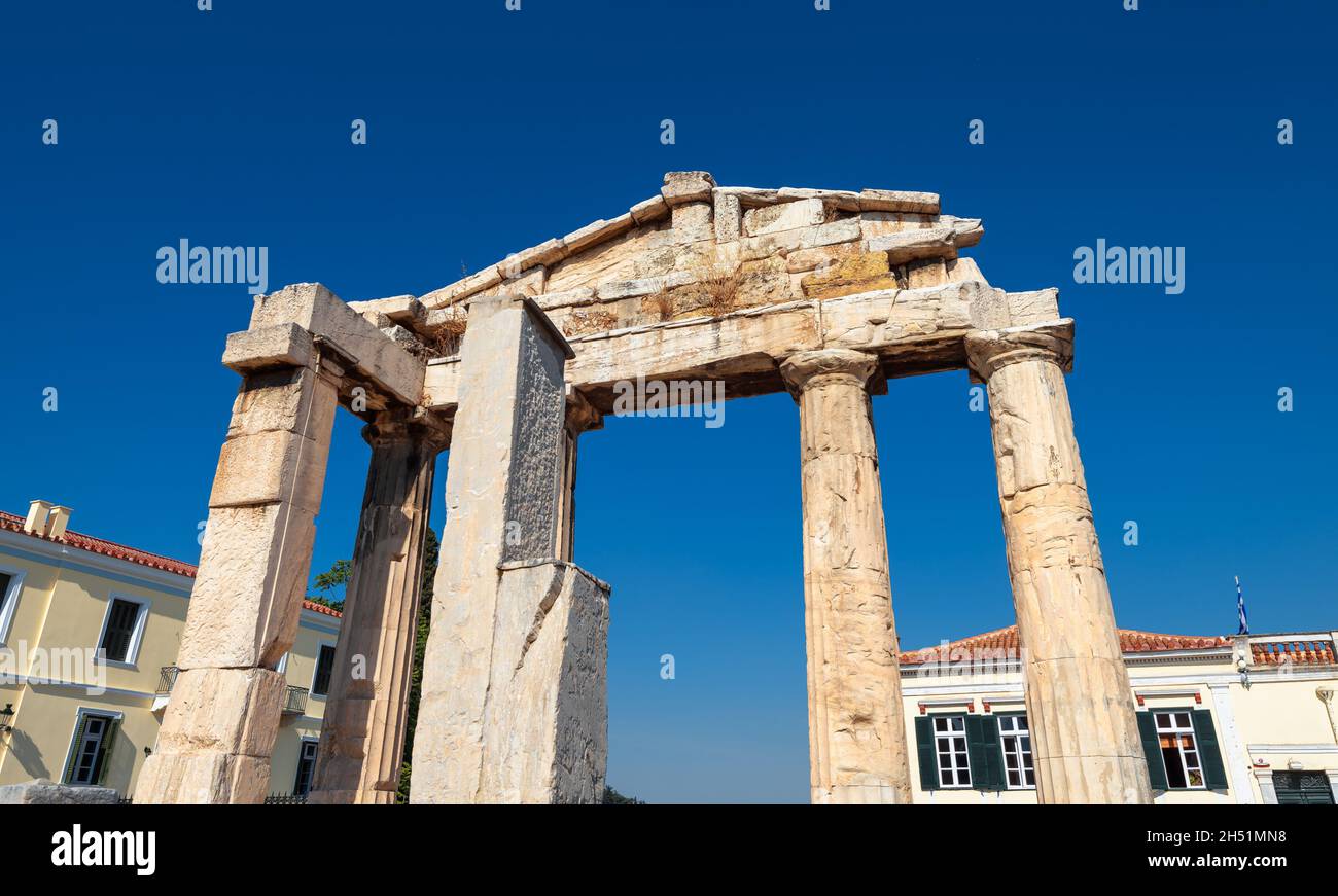 Roman Agora in Athens, Greece. View of Hellenistic arch on blue sky ...