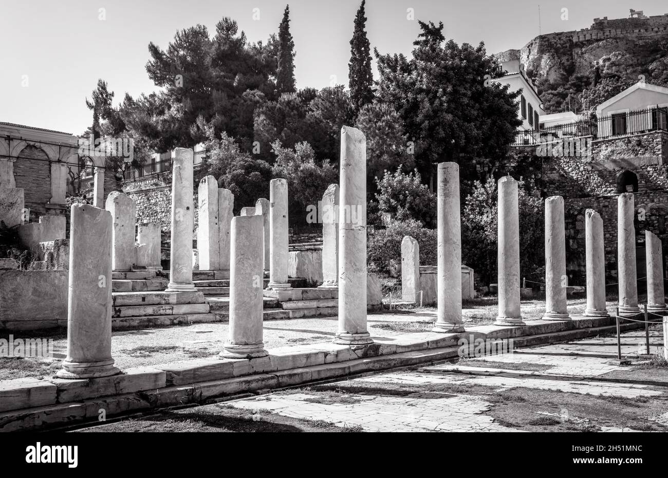 Ancient Greek ruins in Roman Agora, Athens, Greece. Hellenistic columns ...