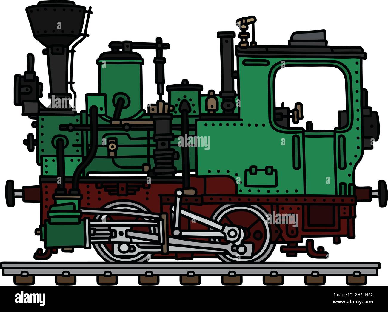The vectorized hand drawing of an old green small steam locomotive ...