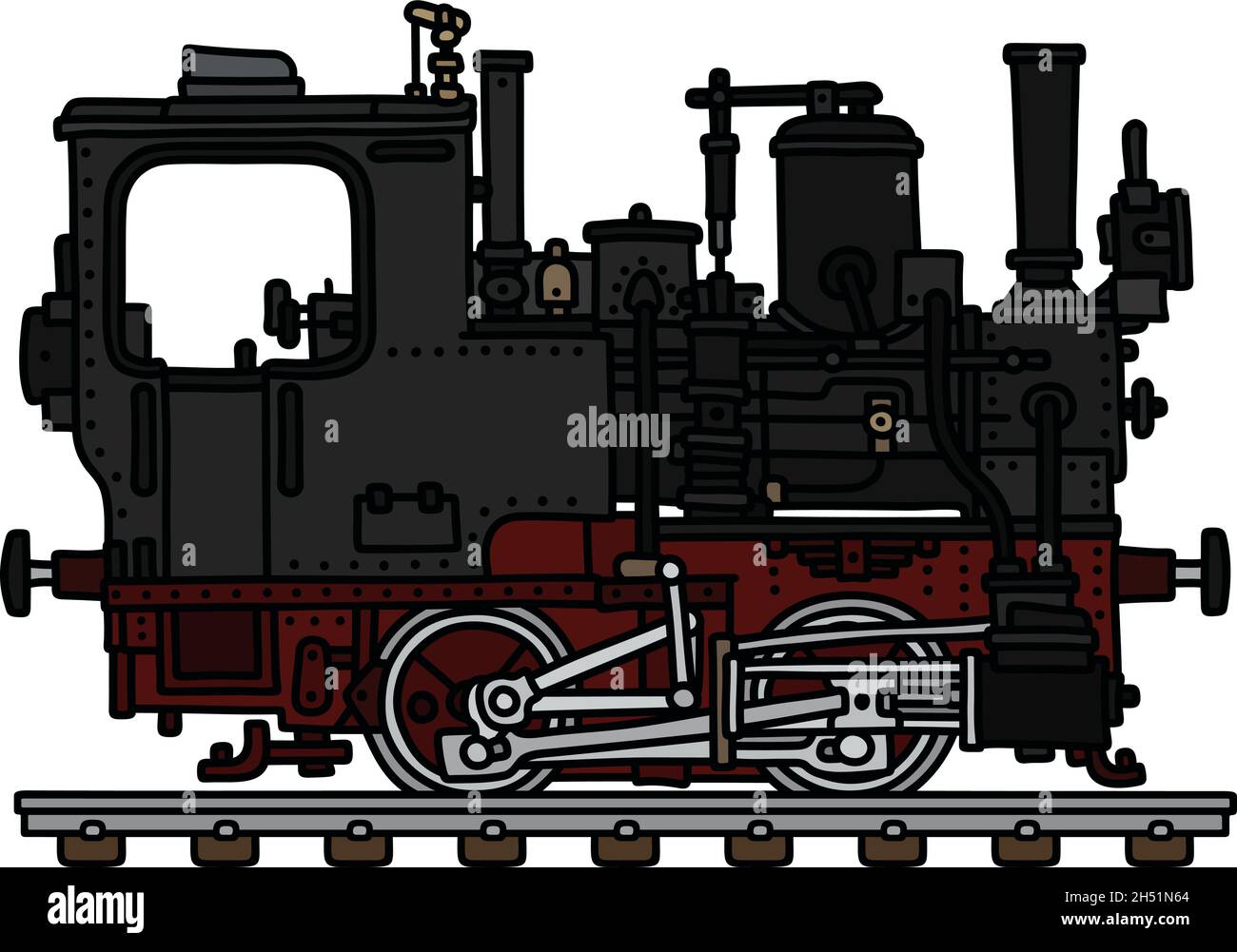 The vectorized hand drawing of a vintage black small tank engine steam ...