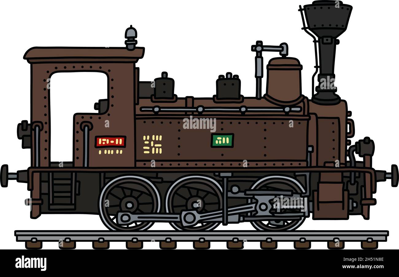 The vectorized hand drawing of a classic brown small steam locomotive ...