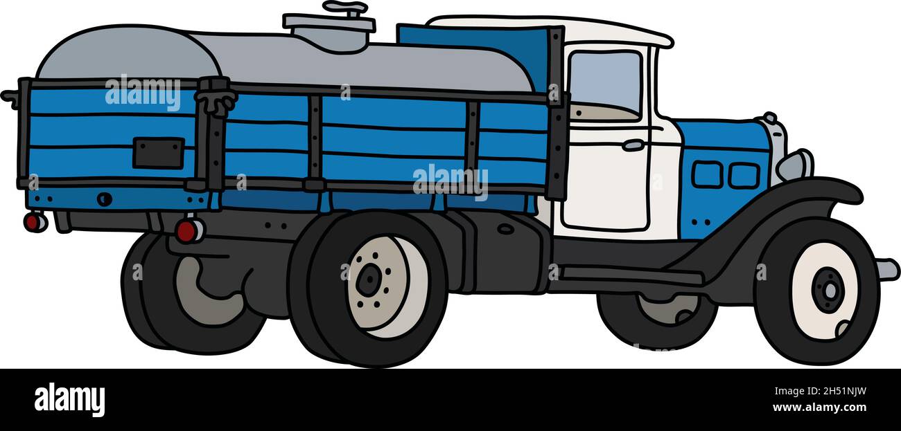 The vectorized hand drawing of a classic blue and white dairy tank ...