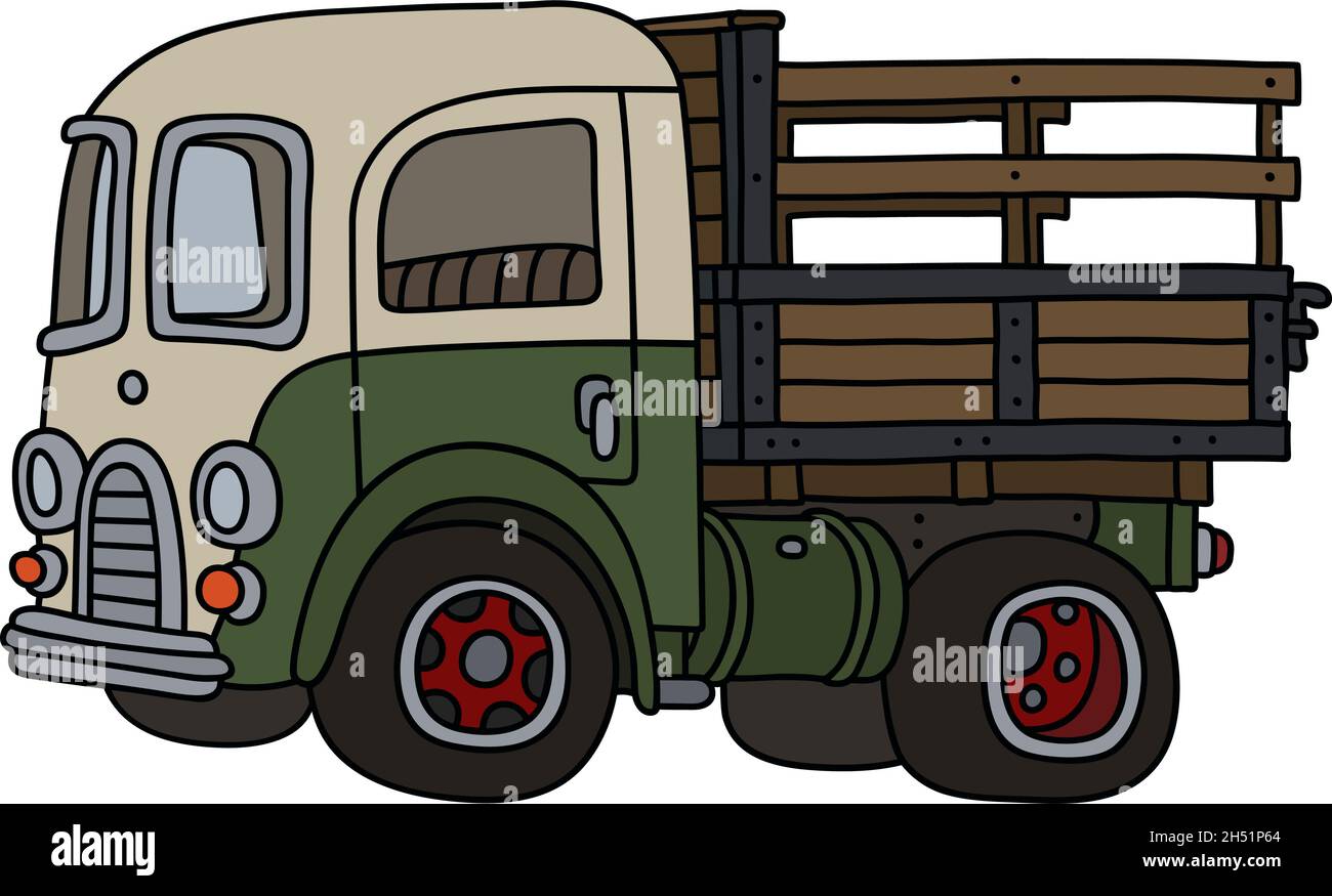 The vectorized hand drawing of a funny old green and cream lorry truck ...