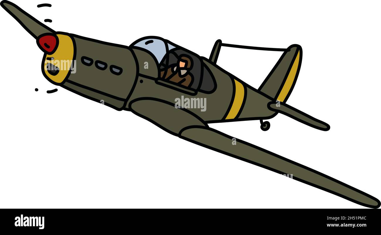 The vectorized hand drawing of a vintage small military school airplane ...