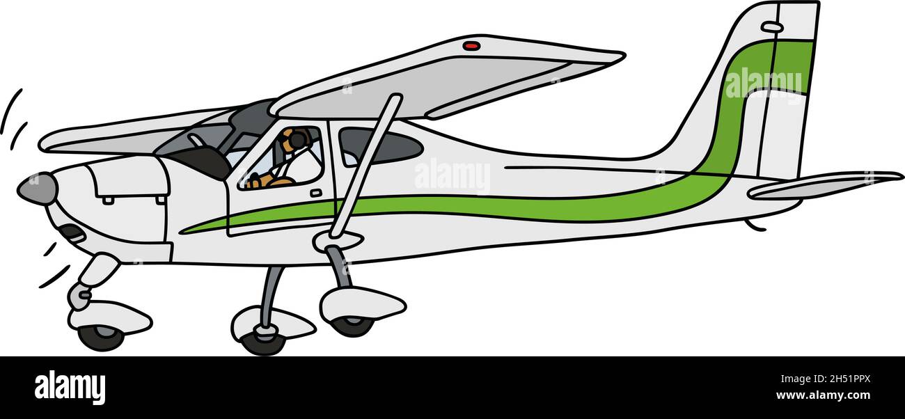 The vectorized hand drawing of a green and white high wing propeller ...