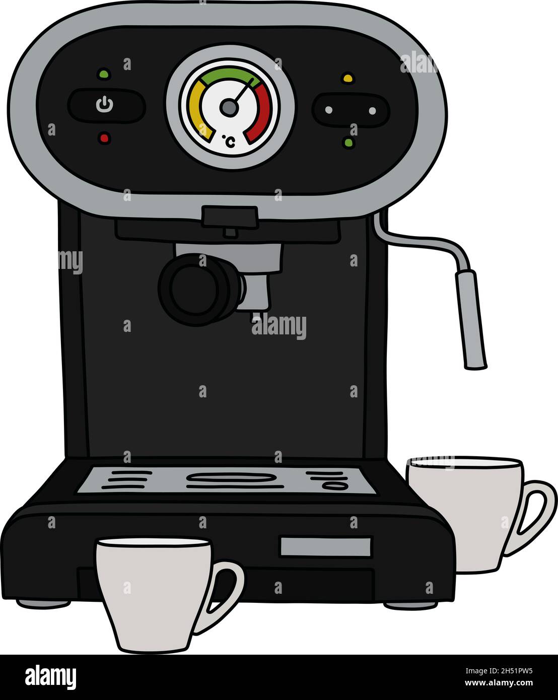 The vectorized hand drawing of a black electric espresso maker and two ...